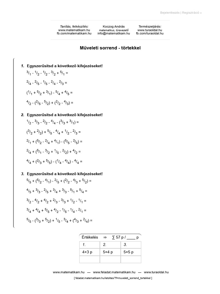 Műveleti Sorrend - Törtekkel - Letölthető, Nyomtatható Feladatok ...