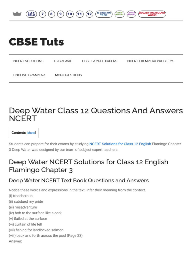 Deep Water Class 12 Questions and Answers NCERT - CBSE Tuts | PDF ...