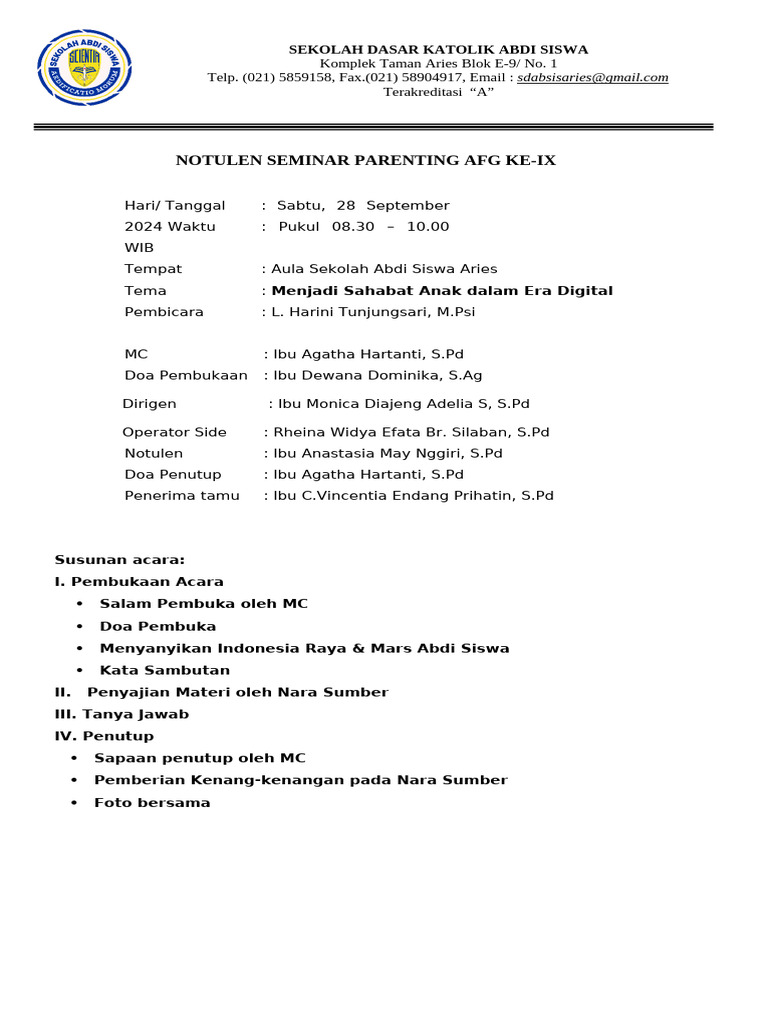 Notulen Acara Seminar Parenting AFG IX | PDF