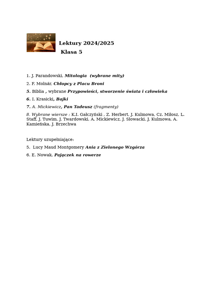 Wykaz Lektur Klasa 5 | PDF