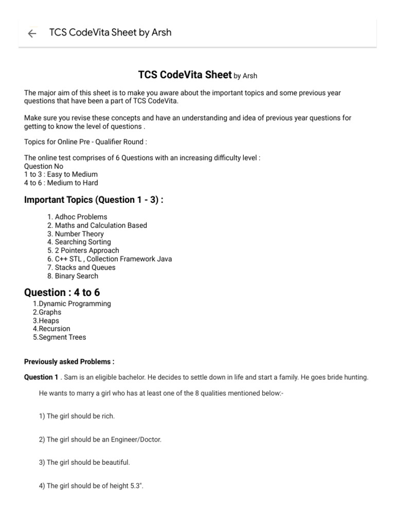 TCS CodeVita Sheet by Arsh | PDF | Moving Average | Matrix (Mathematics)