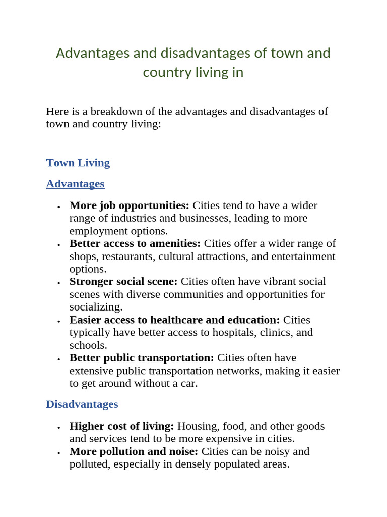 Advantages and Disadvantages of Town and Country Living in | PDF | Cost ...