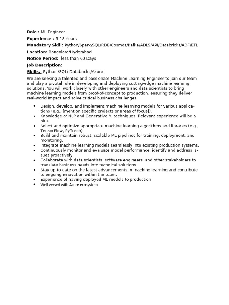 JD For ML Engineer | PDF