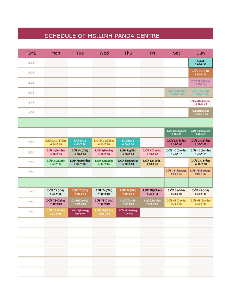 Schedule of Ms - Linh Panda Centre: Time Mon Tue Wed Thu Fri Sat Sun | PDF