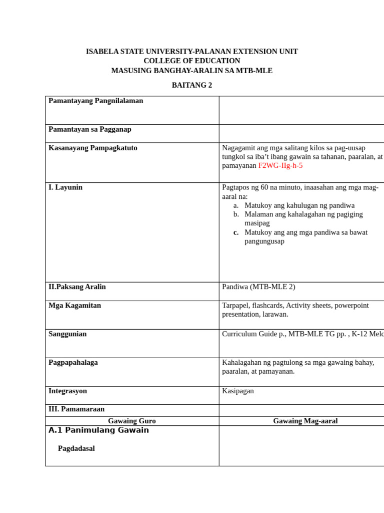 LESSON PLAN - MTB-MLE (Pandiwa) - JASPER - OTINEZ | PDF