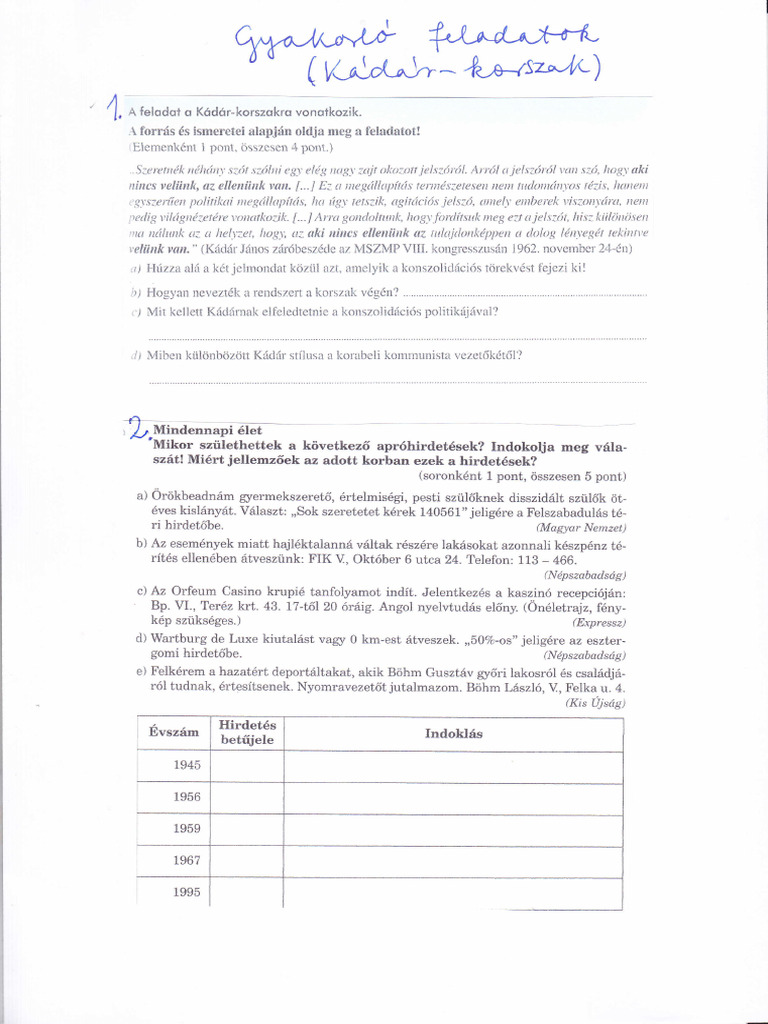 Gyakorló feladatok (Kádár-kor) | PDF