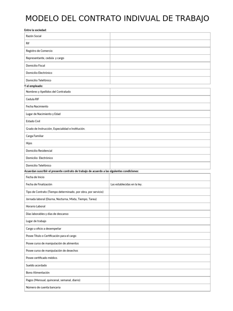 Contrato Individual de Trabajo - Formato | PDF