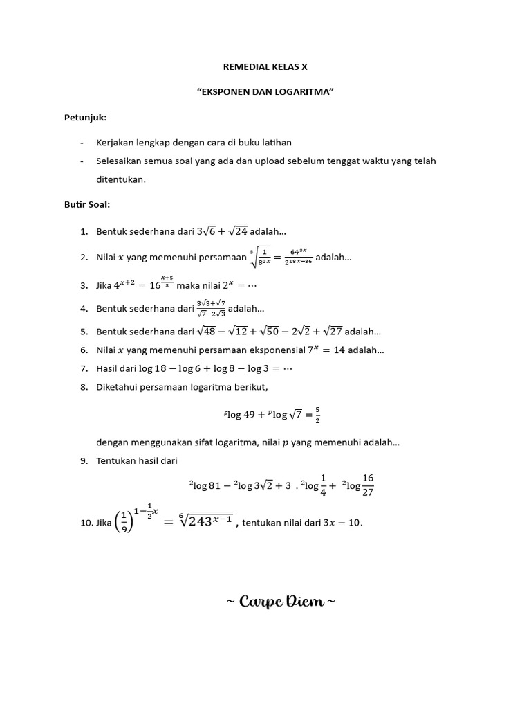 Soal Eksponen dan Logaritma Kelas X | PDF | Metode & Bahan Ajar