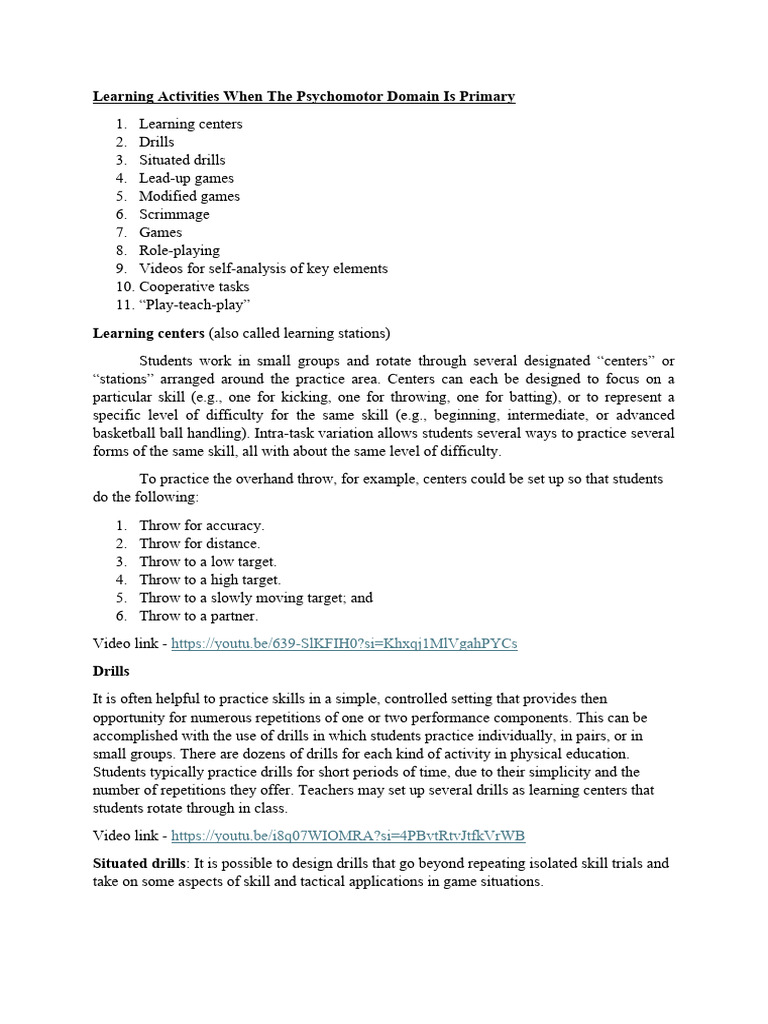 Psychomotor Domain Learning Activities | PDF | Teachers | Learning