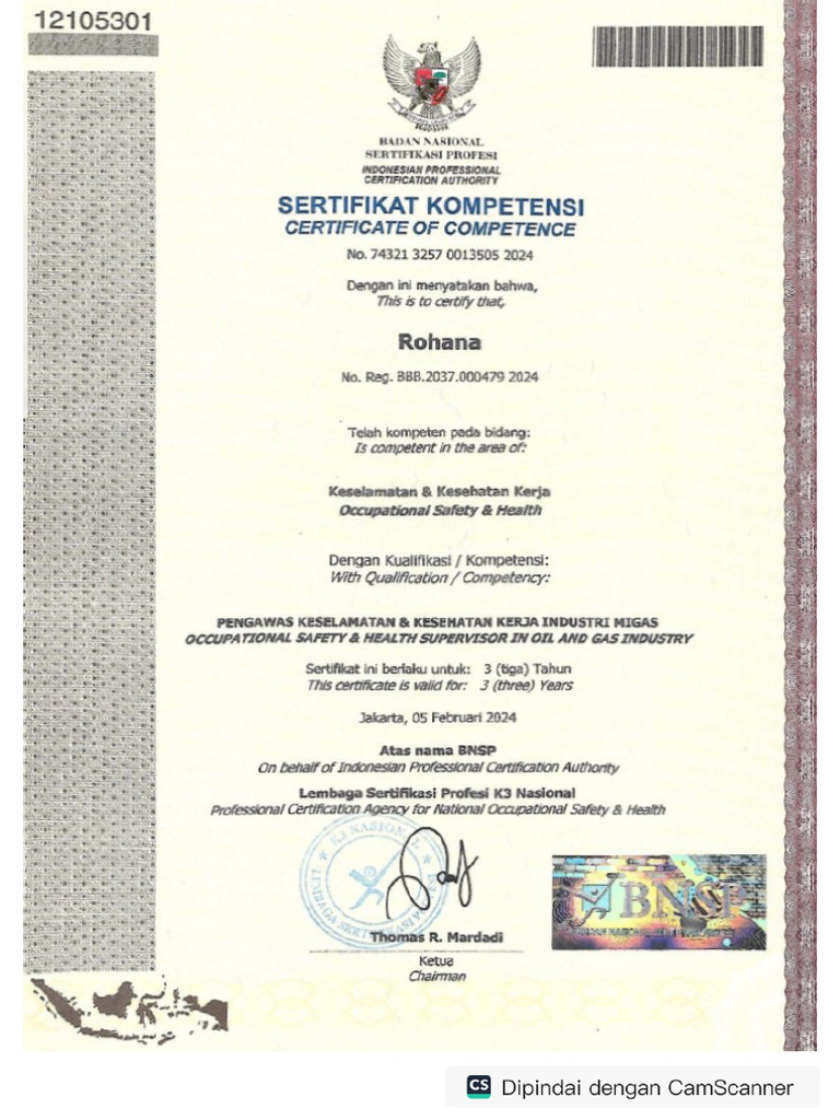 Certificate K3 Migas BNSP - Rohana | PDF