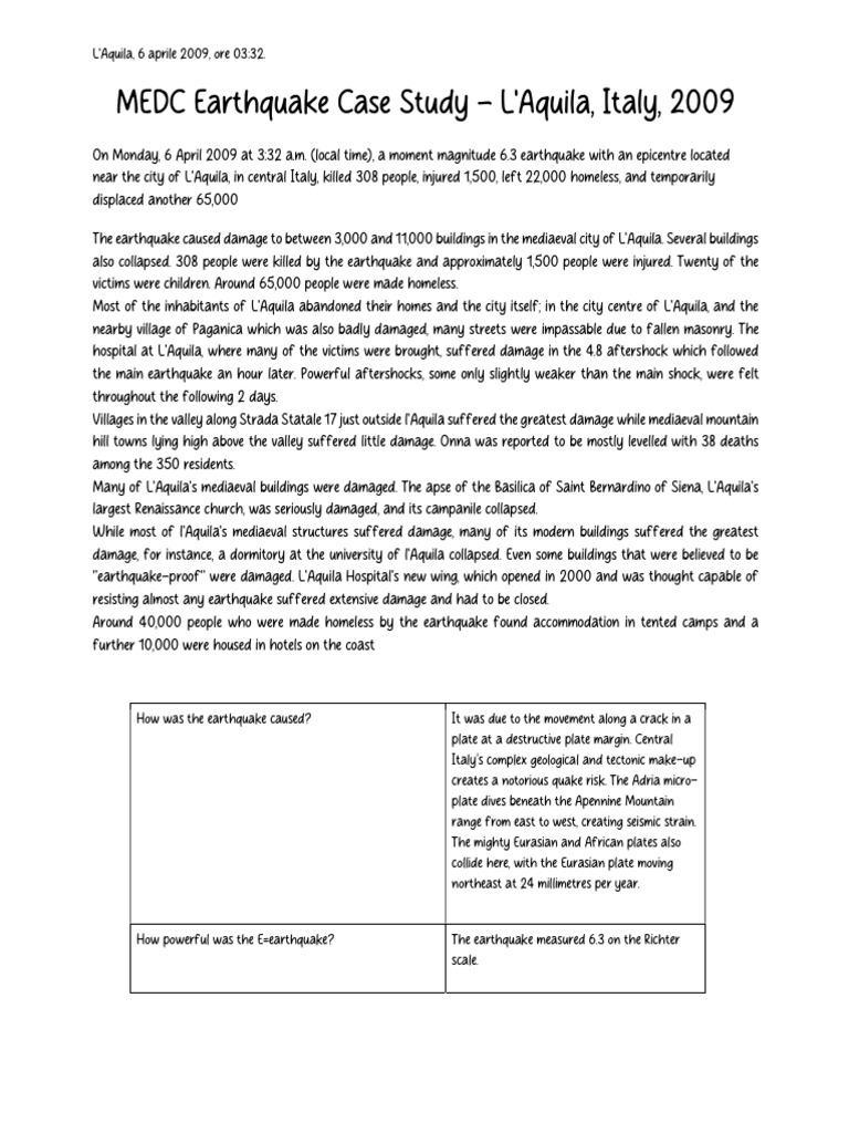 L'Aquila Earthquake Case Study 2009 | PDF | Earthquakes | Plate Tectonics