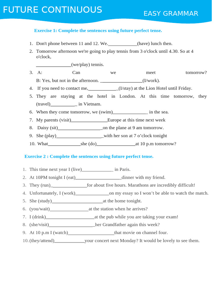 Future Continous Worksheet 1 Pdf 7633