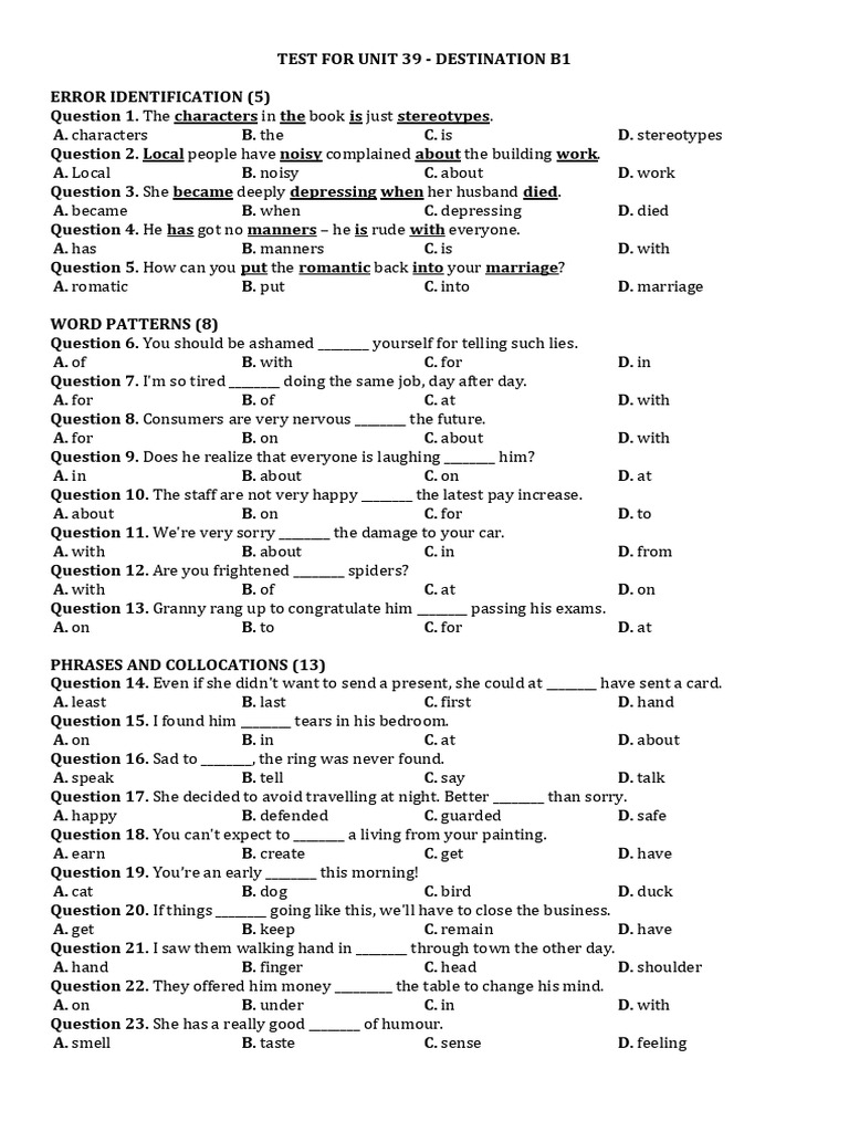 Unit 39 Test Answers - Destination B1 | PDF