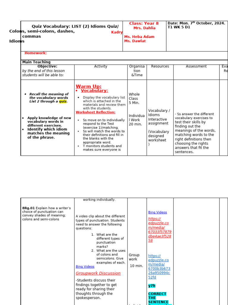 YEAR 8 T1 WK5 LP Edited | PDF | Punctuation | Vocabulary
