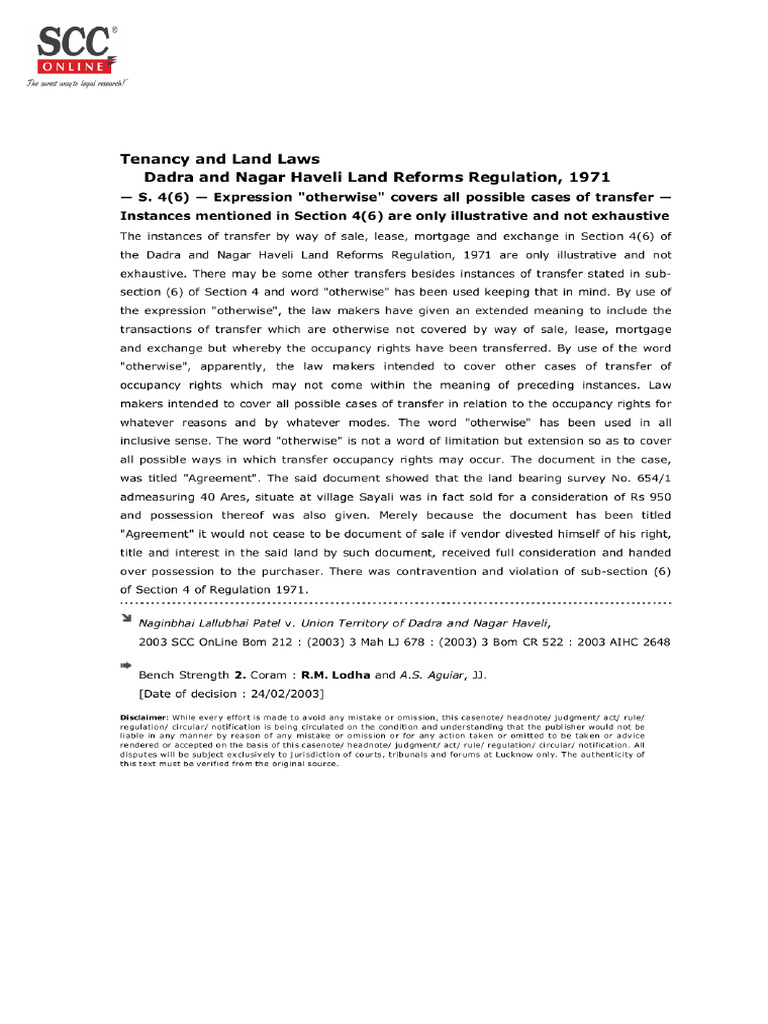 NAGINBHAI LALLUBHAI PATEL v. UNION TERRITORY OF DADRA AND NAGAR HAVELI, 2003 SCC OnLine Bom 212 ...