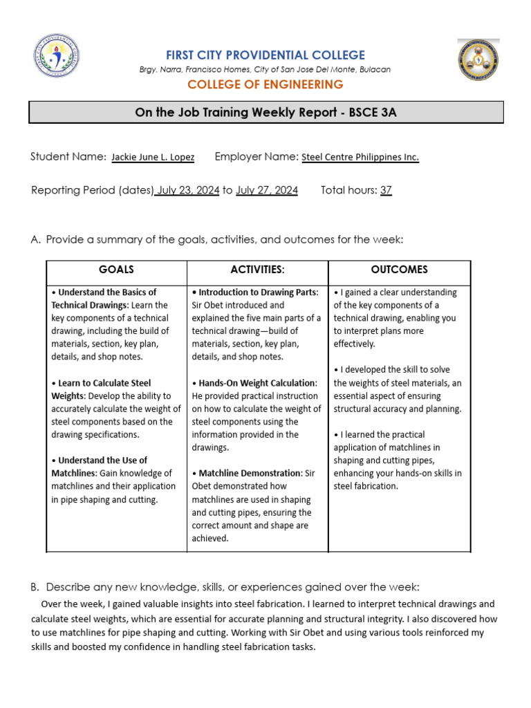 BSCE 3A Weekly Internship Report | PDF | Technical Drawing | Knowledge