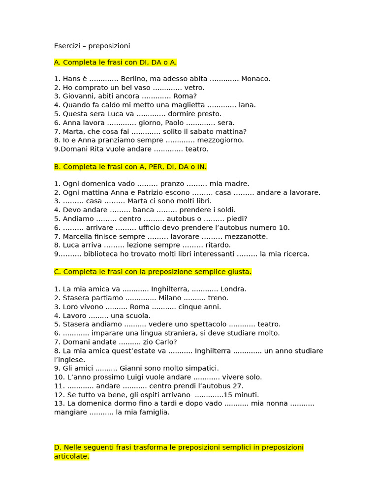 Esercizi - Preposizioni | PDF