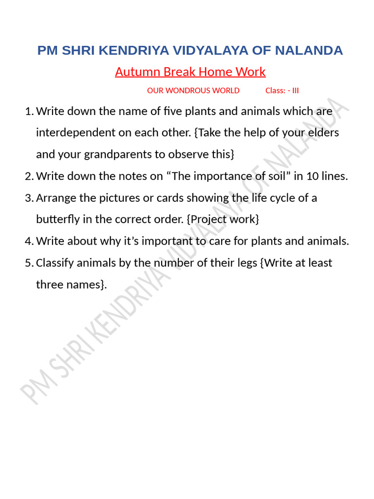 Autumn Break Homework Evs | PDF