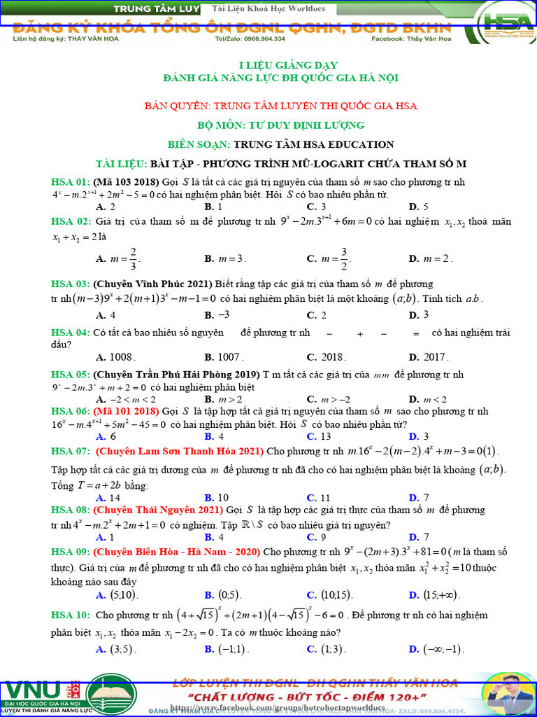 HSA.BUỔI 21 - BT - PHƯƠNG TRÌNH MŨ-LOGARIT CHỨA THAM SỐ M | PDF