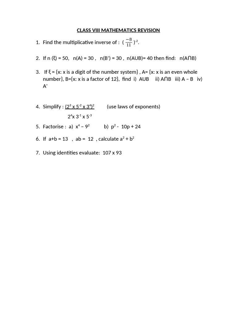 Class Viii Mathematics Revision | PDF
