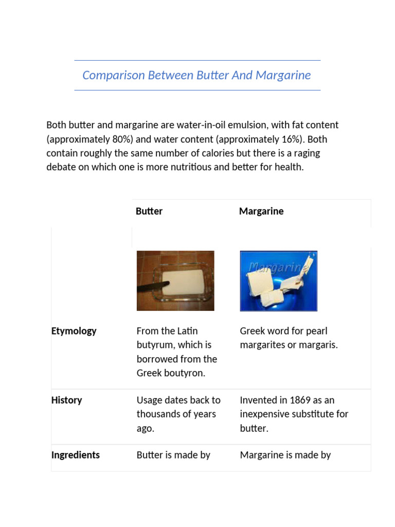 Comparison Between Butter And Margarine | PDF | Margarine | Butter