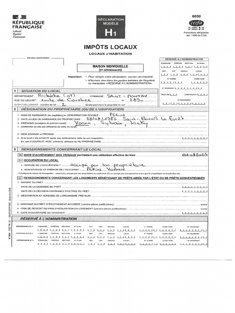 Déclaration H1 Impôts Locaux | PDF
