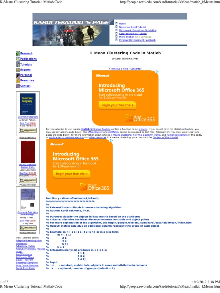 K-Means Clustering Tutorial - Matlab Code | PDF | Cluster Analysis | Matrix (Mathematics)