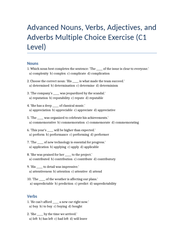 Advanced Nouns Verbs Adjectives Adverbs Exercise C1 | PDF | Adverb | Verb