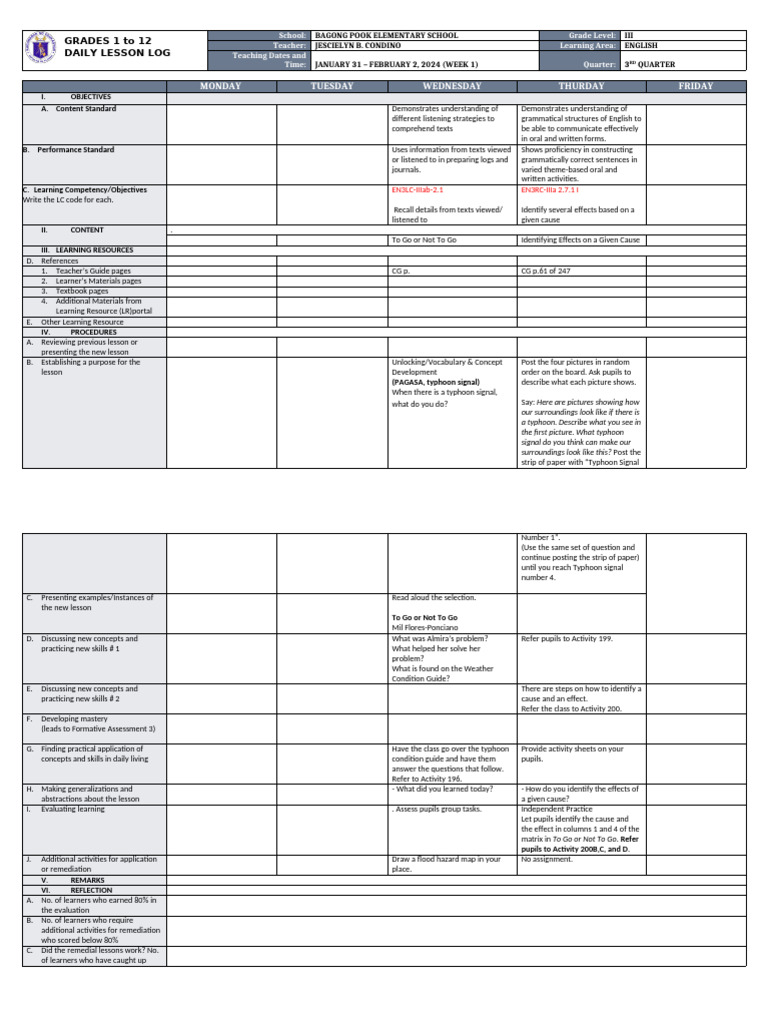 DLL - English 3 - Q3 - W1 | PDF | Learning | Teachers