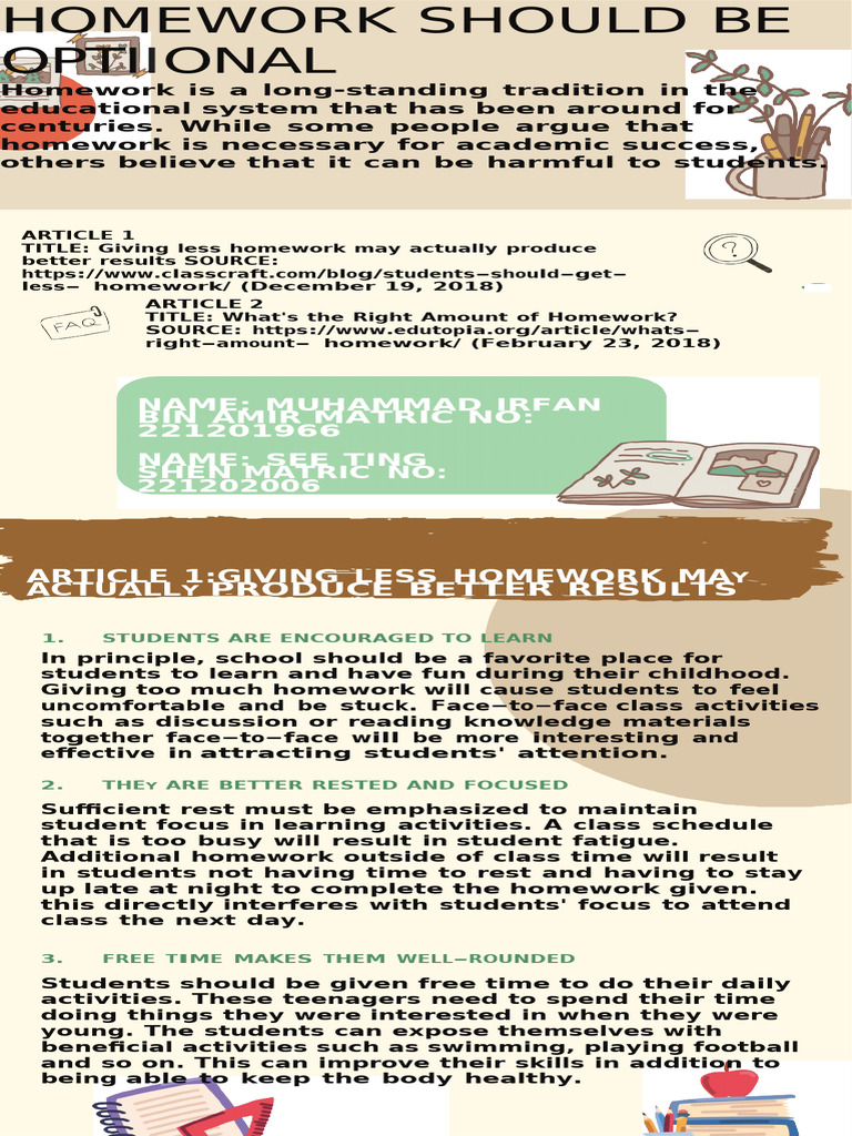 Homework Should Be Optional | PDF | Homework | Behavior Modification