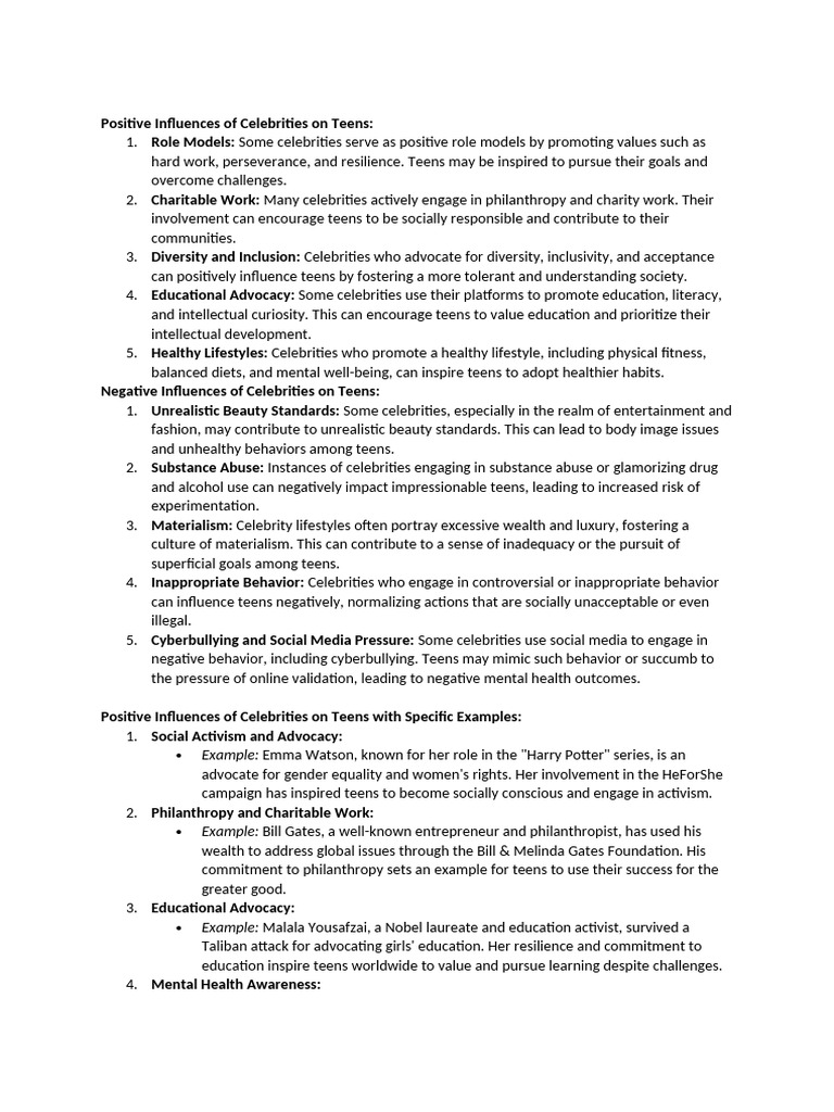 Positive Influences of Celebrities on Teens | PDF | Adolescence | Body ...