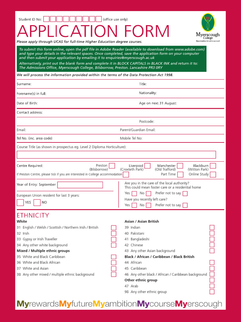 Myerscough College Application Form | PDF