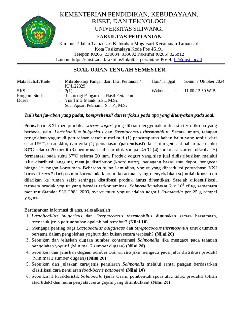 2024TPHP UTS Mikrobiologi Pangan | PDF | Kesehatan Holistik | Sains & Matematika