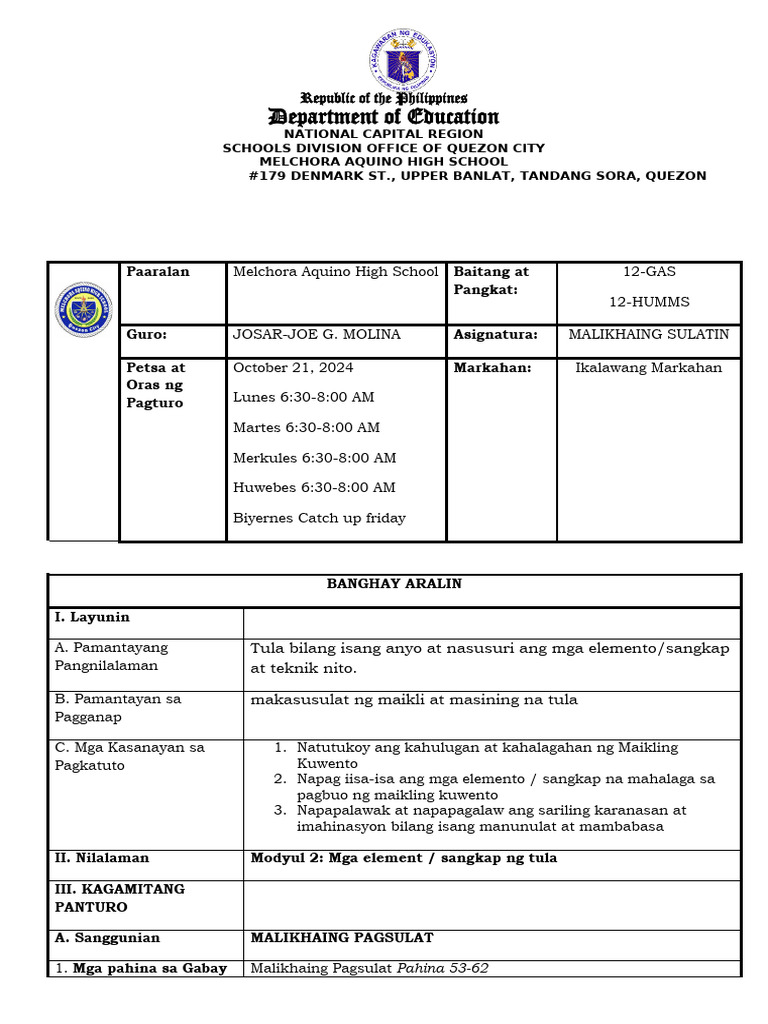 DLP Week 1 Malikhain q2 Day 555555555555 | PDF