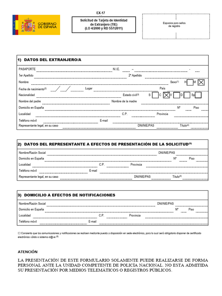 Solicitud de TIE - Formulario EX-17 | PDF | Documento de identidad ...