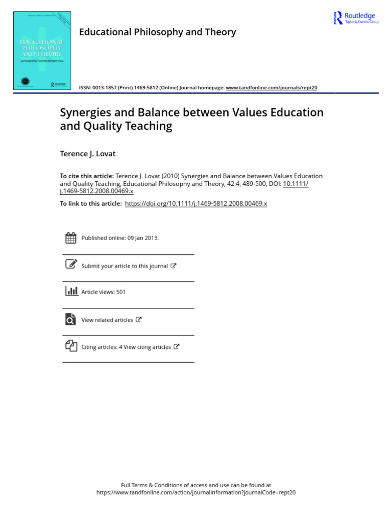 Values Education and Quality Teaching Synergy | PDF | Teachers | Pedagogy