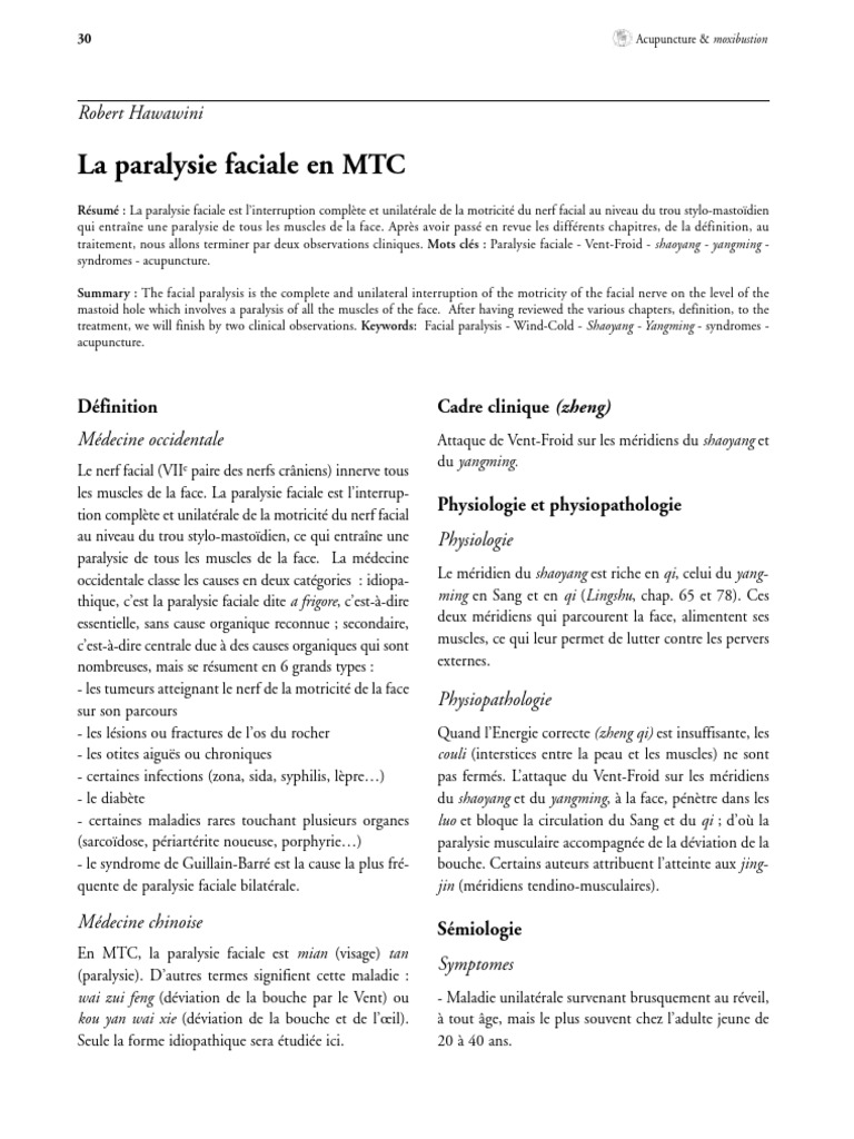 Paralysie faciale : traitement en MTC | PDF | Médecine traditionnelle ...