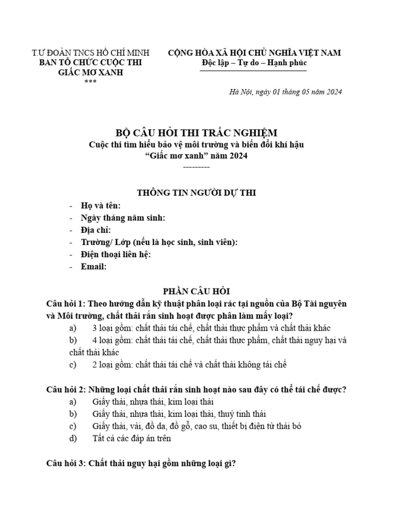 Bo Cau Hoi Trac Nghiem Cuoc Thi | PDF