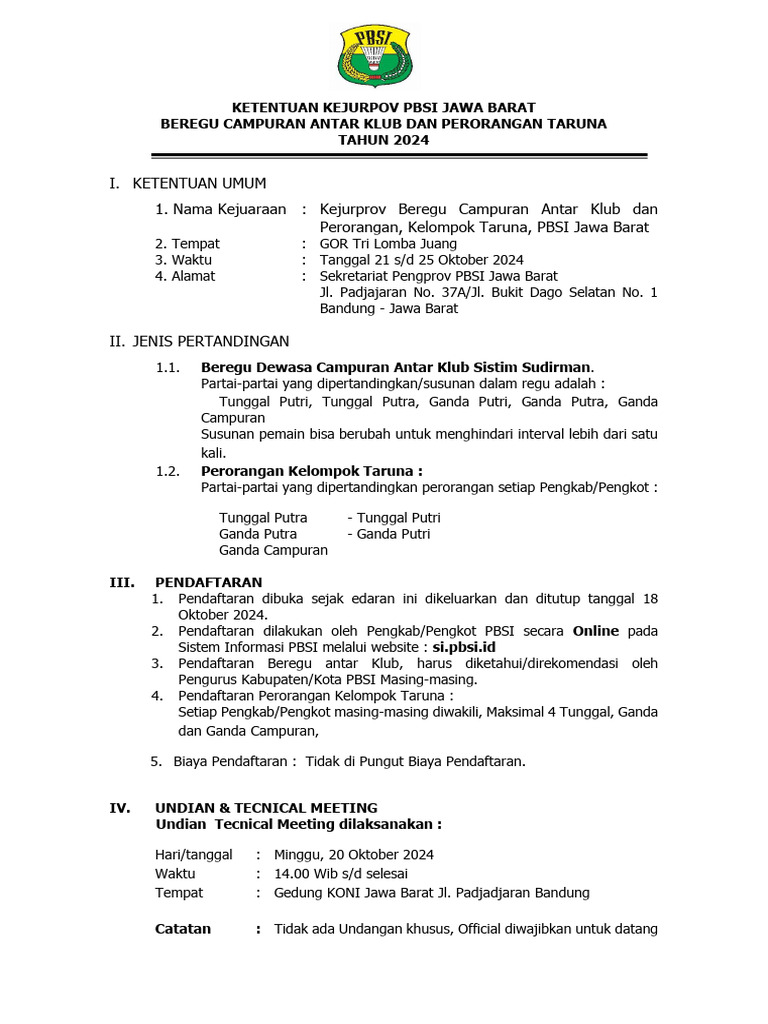 Ketentuan Kejurpov Pbsi Jawa Barat 2024 | PDF