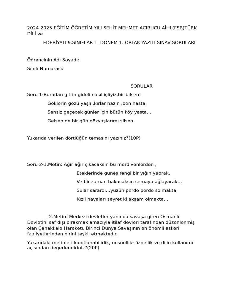 9.siniflar 1. Dönem 1. Ortak Yazili Sinav Sorulari | PDF