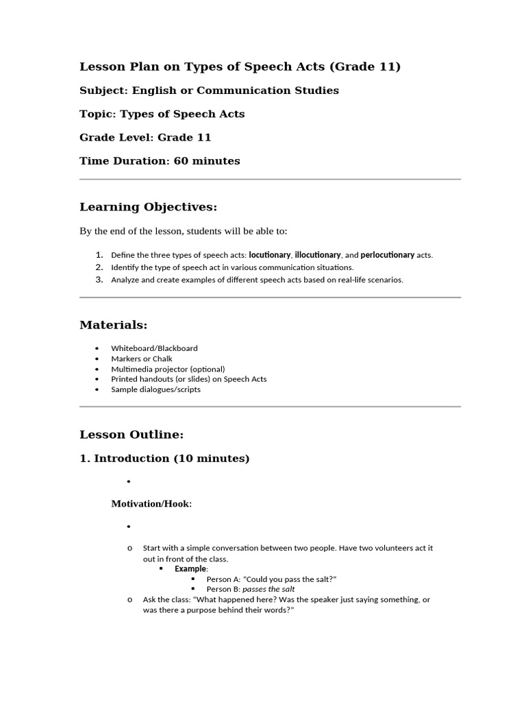 Lesson Plan on Types of Speech Acts | PDF | Public Speaking | Human ...