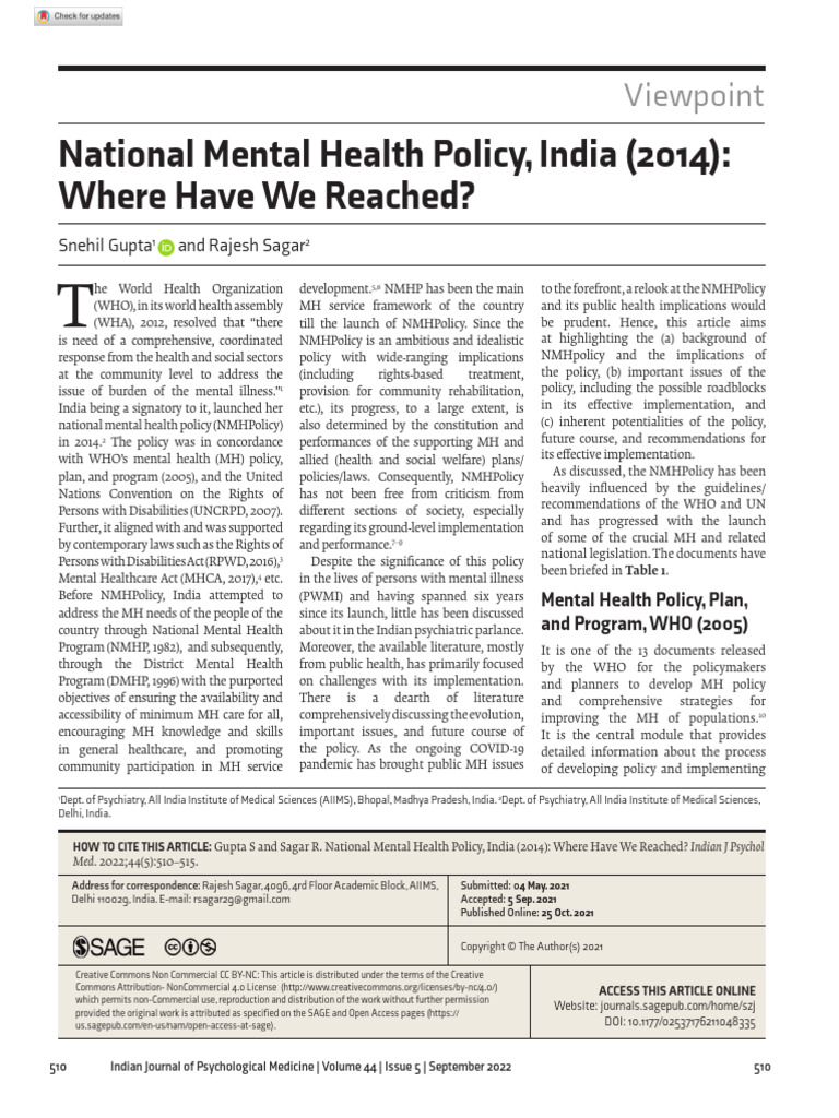 Gupta Sagar 2021 National Mental Health Policy India (2014) Where Have ...