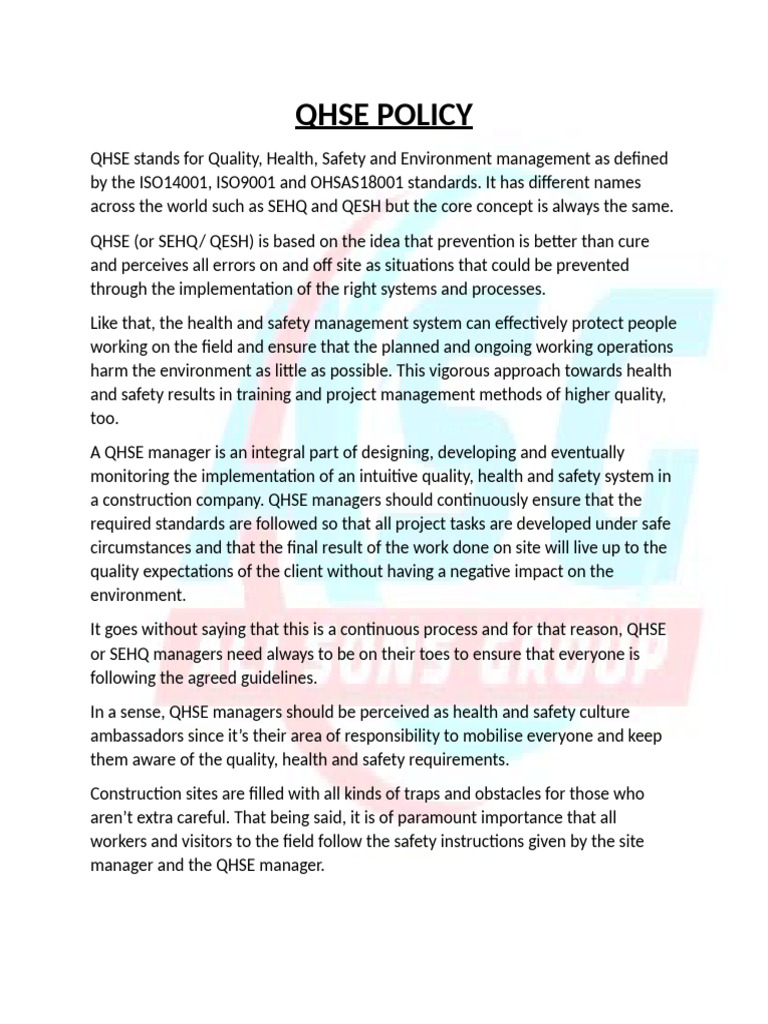Qhse Policy | PDF | Safety | Occupational Safety And Health