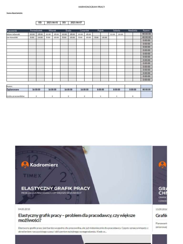 Tygodniowy Grafik Pracy Darmowy Wzor | PDF