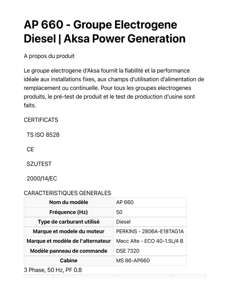 Groupe Électrogène Aksa AP 660 Diesel | PDF | Puissance (physique ...