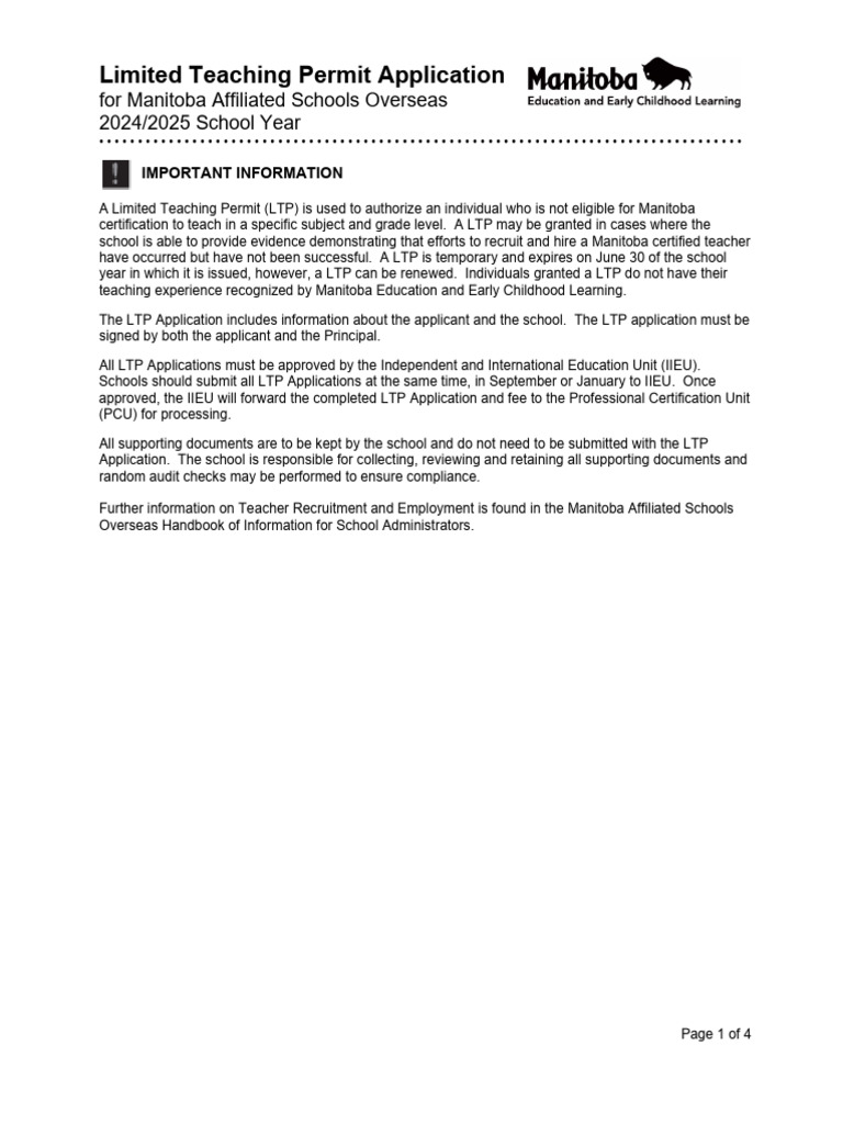 Limited Teaching Permit Application Manitoba Affiliated Schools ...