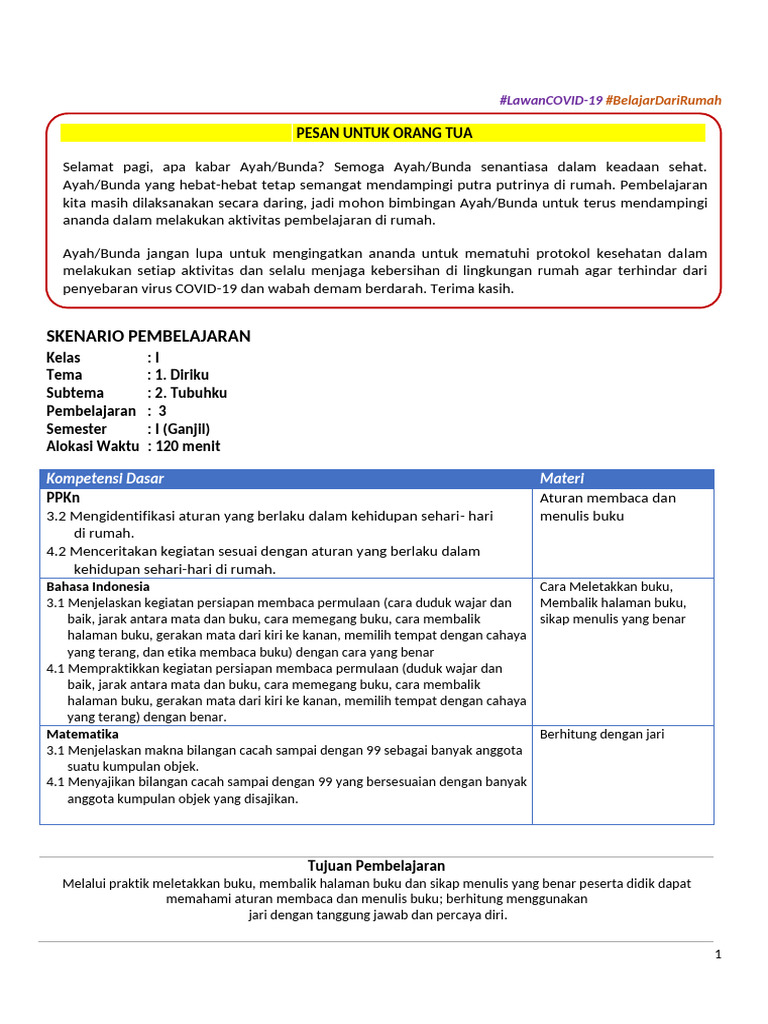RPP Daring Kelas 1 SD Semester 1 Tema 1 Subtema 2 Pembelajaran 3 | PDF | Karier & Perkembangan