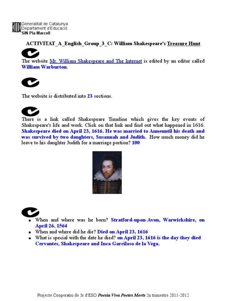 ACTIVITAT - A - English - Group - 3 - C: William Shakespeare's Treasure ...