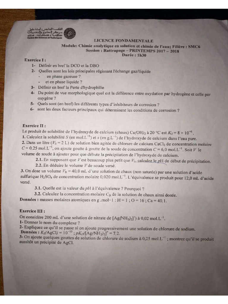 Examen Chimie de L Eau Avec Corrige 2024 | PDF