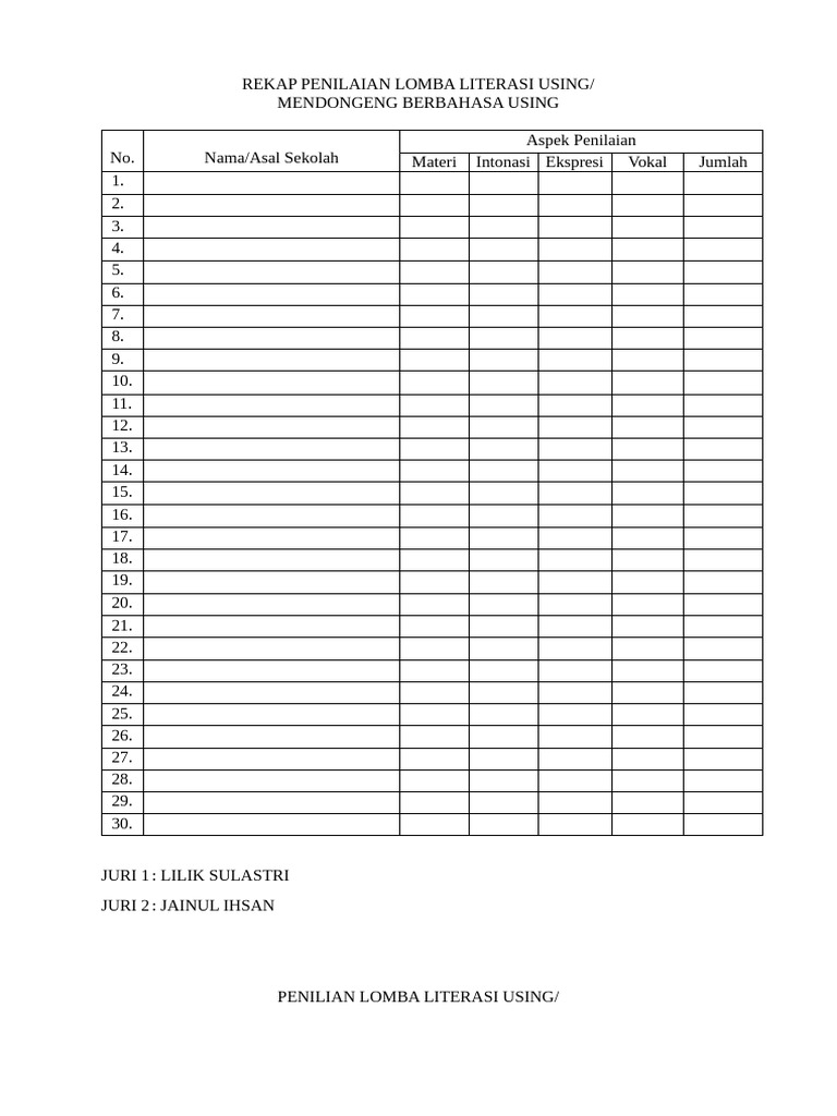 Rekap Penilaian Lomba Literasi Using | PDF | Kajian Bahasa Asing | Sains & Matematika